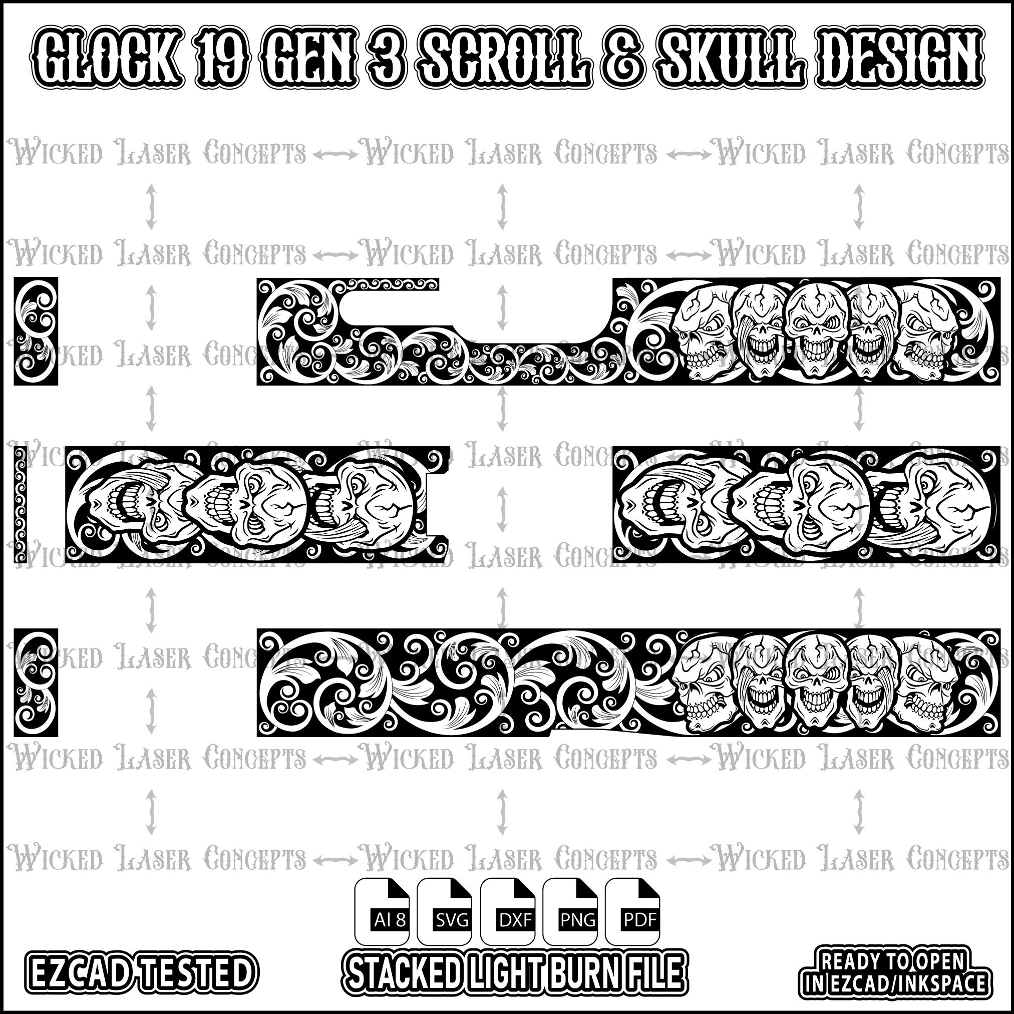 Glock 19 Gen 3 Slide Scroll and Skull Design With Stacked Lightburn ...