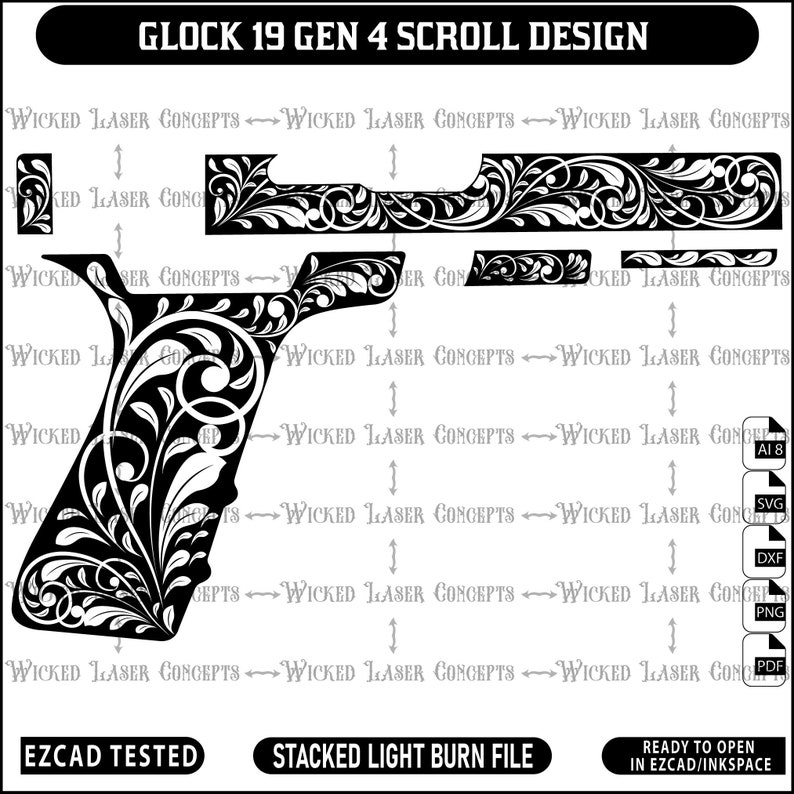 Glock 19 Gen 4 Scroll II Design With Stacked Lightburn File - Etsy