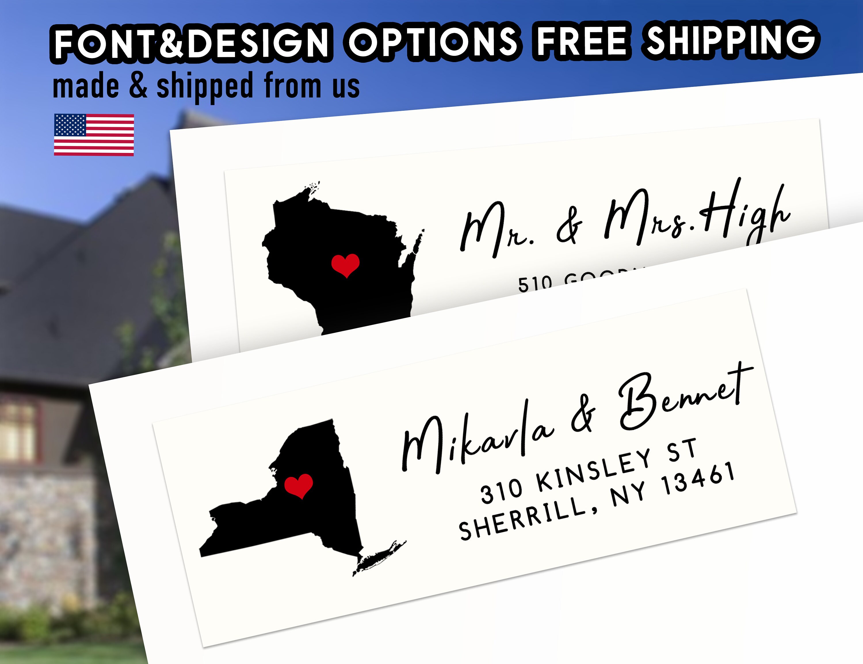 New Home Return Address Labels/usa Map Custom Personalized Heart Print ...