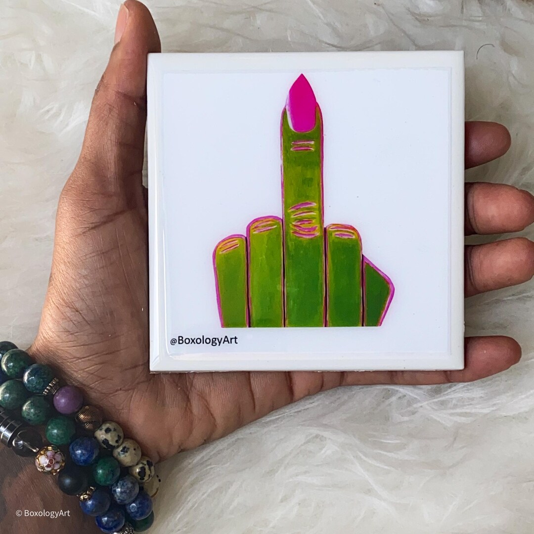 Neon Green Middle Finger Art Tile Coaster - Etsy