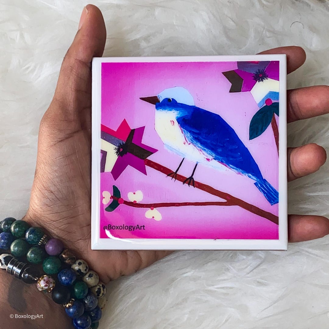Tropical Pink Blue Jay Bird Art Tile Coaster - Etsy