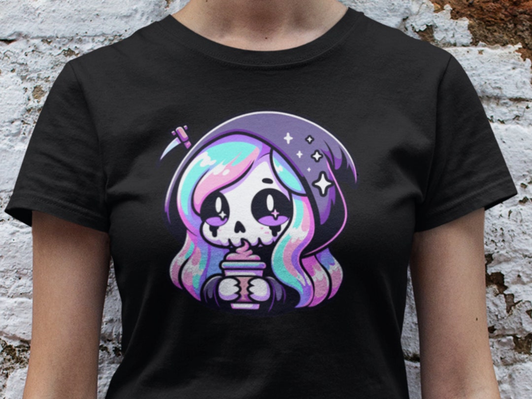 Kawaii Goth Pastel Girl Grim Reaper Drinking Latte T-shirt Halloween ...