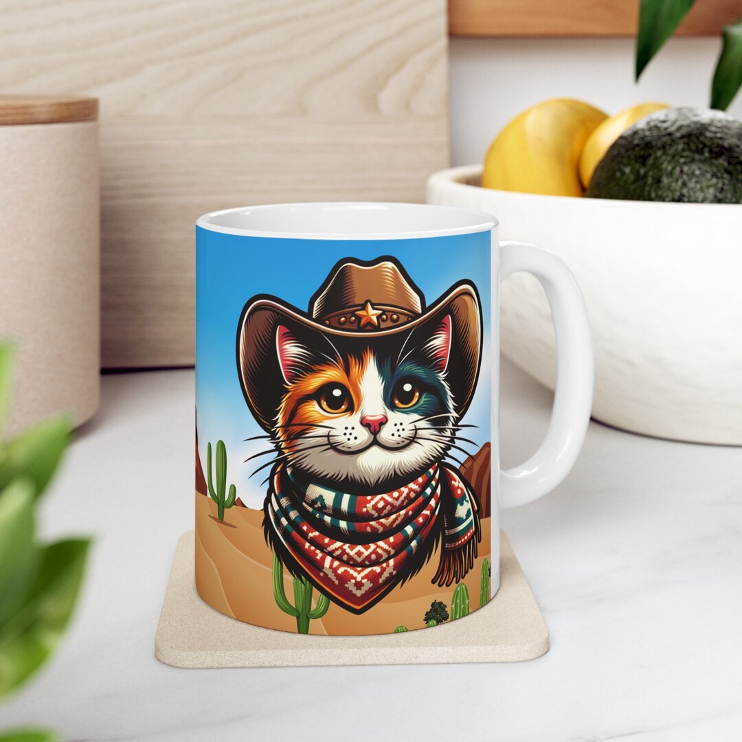 Mixed Breed Cat Cowboy Hat Ceramic Mug White Ceramic Mug Western Cat ...
