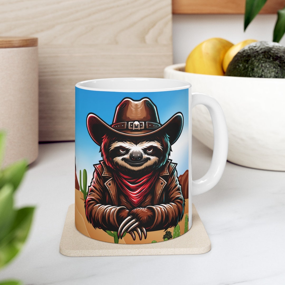 Sloth Cowboy Hat Ceramic Mug White Ceramic Mug Western Sloth Gift Mug ...