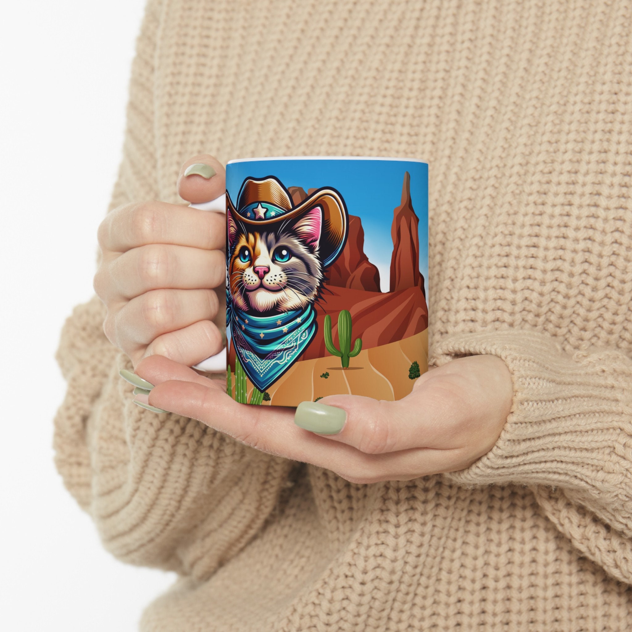 Calico Cat Cowboy Hat Ceramic Mug White Ceramic Mug Calico Western Cat ...