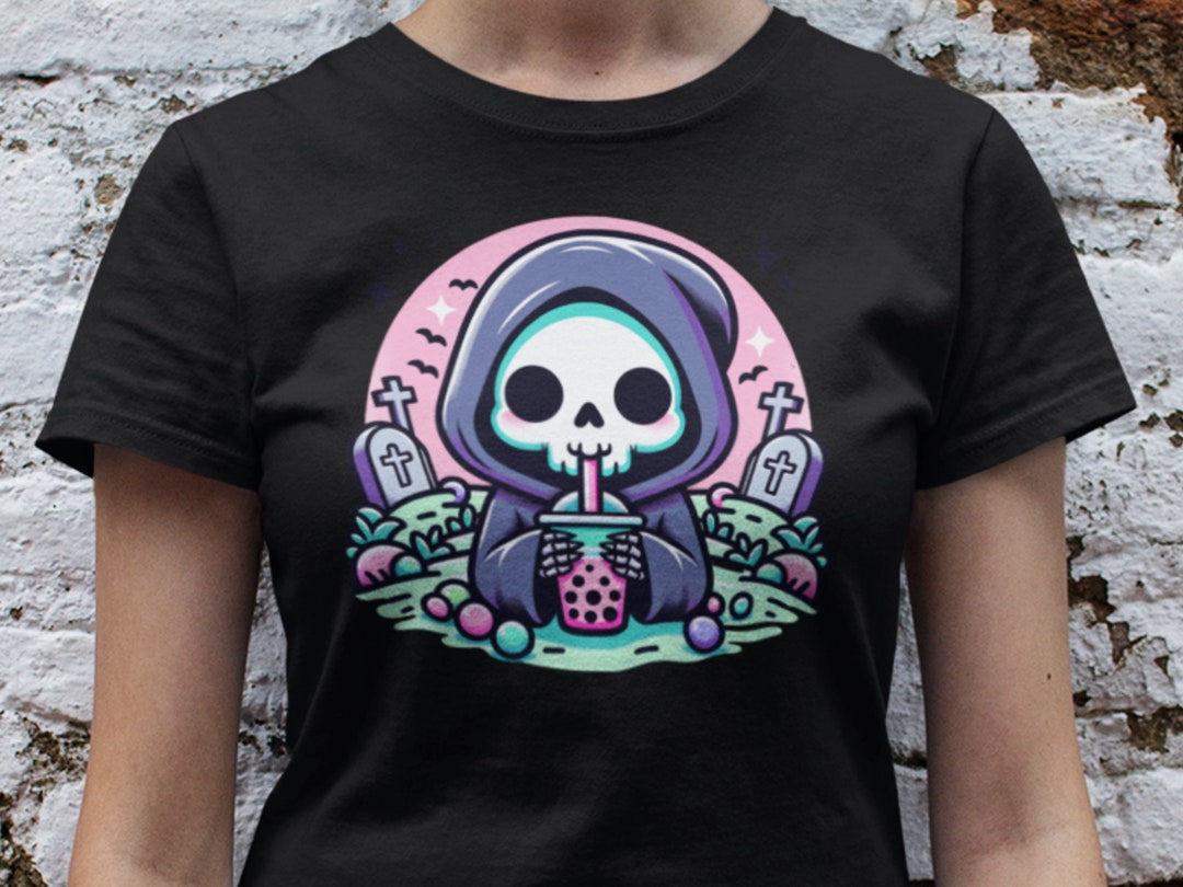 Kawaii Goth Pastel Grim Reaper Drinking Boba Tea Graveyard T-shirt ...