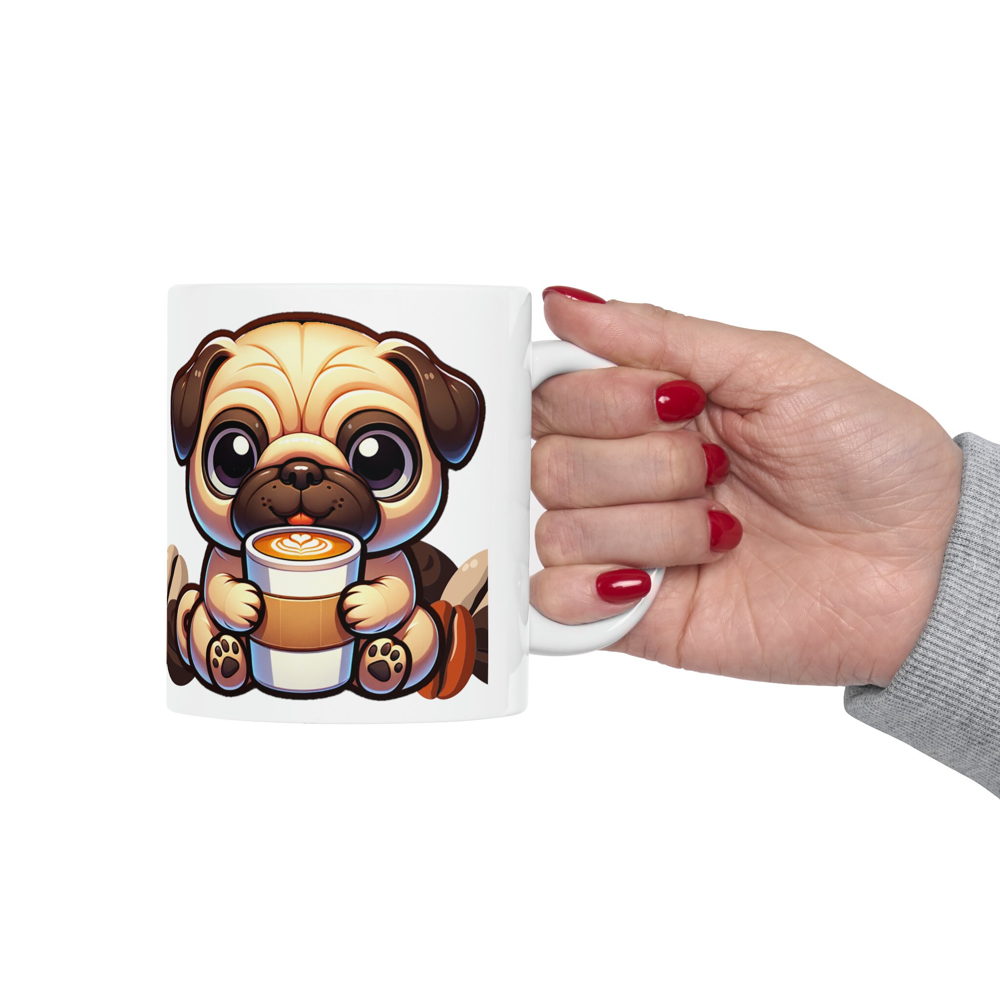 Pug Latte Dog Ceramic Mug, Cute White Ceramic Mug With Pug Dog Drinking ...