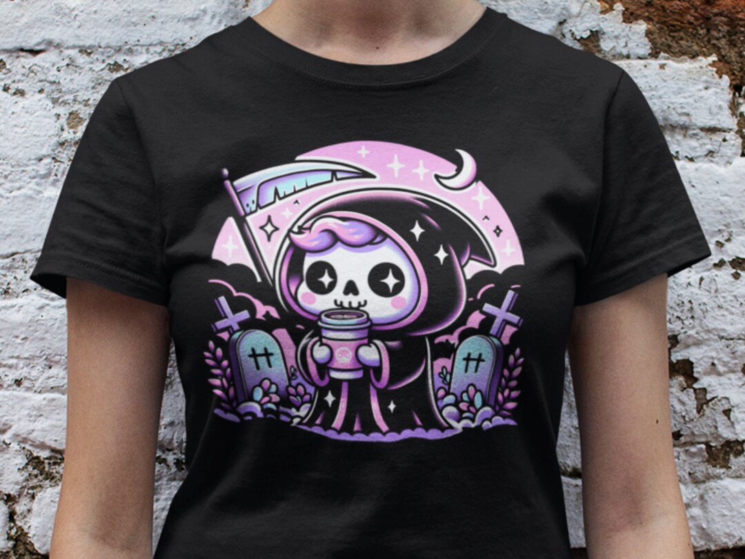 Kawaii Goth Pastel Grim Reaper Drinking Latte Graveyard Tshirt ...