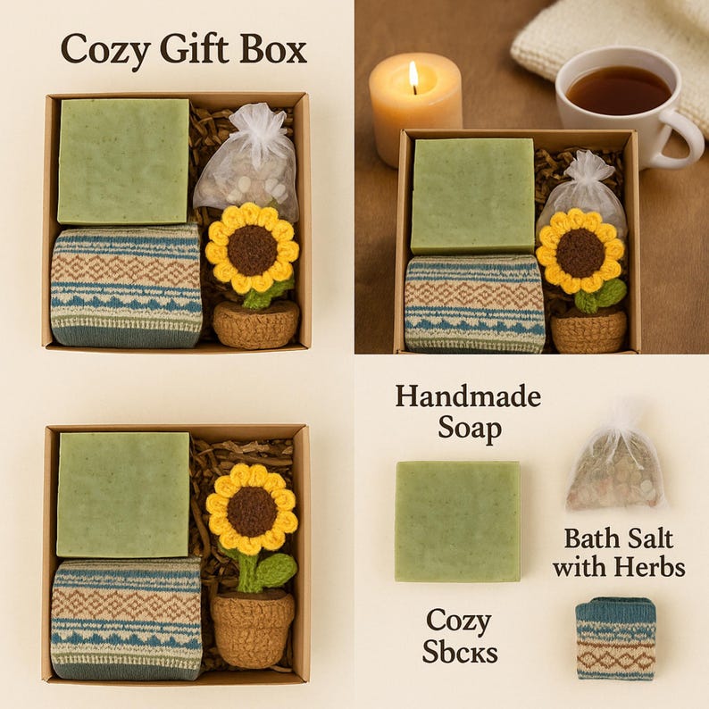 Hug in Box Gift With Handmade Soap Socks Bath Salt Sunflower Keepsake ...