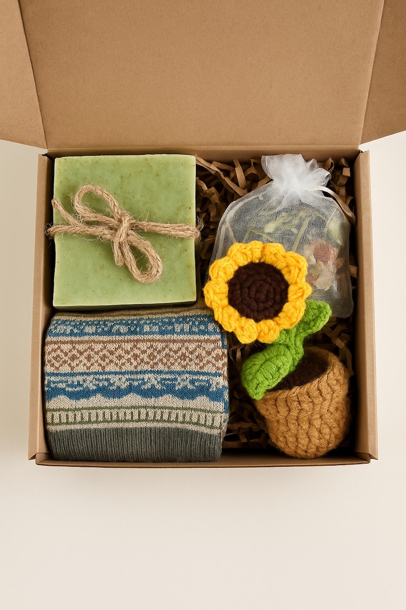 Hug in Box Gift With Handmade Soap Socks Bath Salt Sunflower Keepsake ...