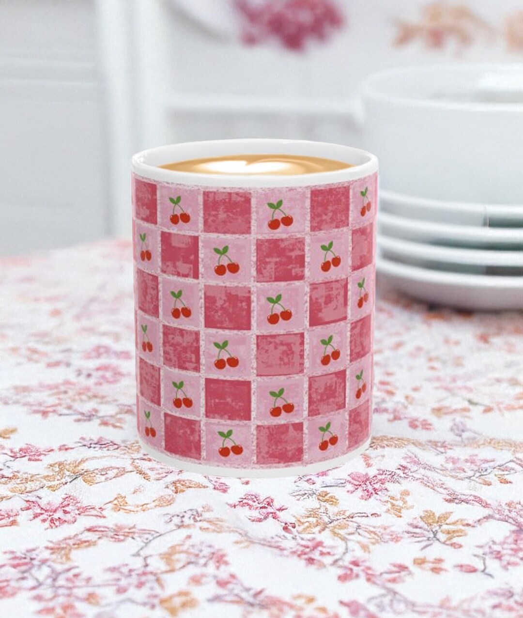 Cherry Pattern Pink Retro Fruit 11oz Coffee Mug, Kawaii Cherry Cup ...