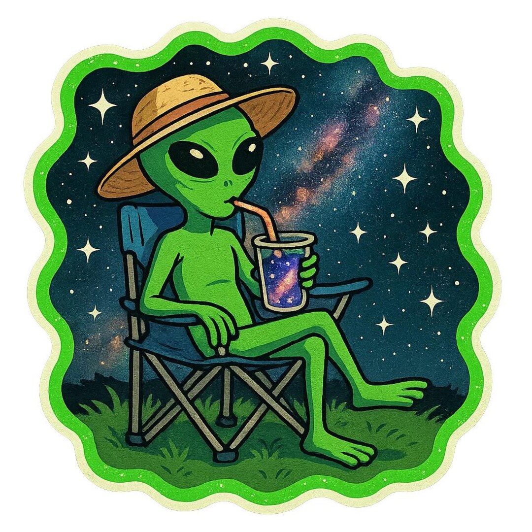 Alien Sticker on Camping Chair With Sun Hat and Milky Way Drink Funny ...