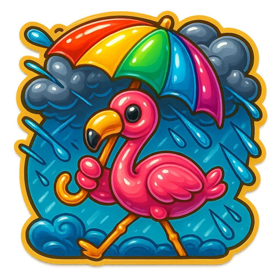 Flamingo With Rainbow Umbrella in a Storm – Funny Cartoon Sticker ...