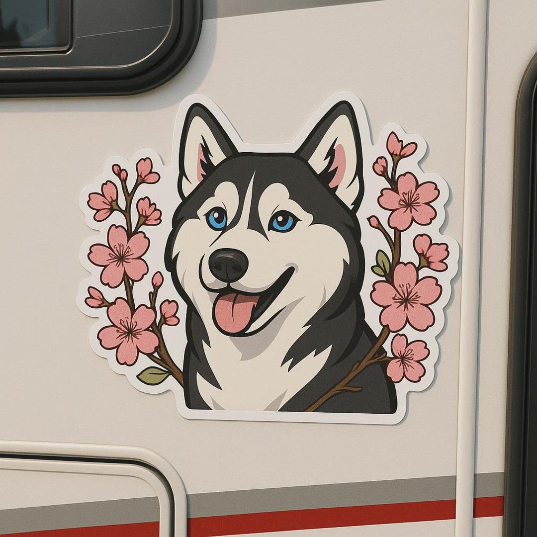 Husky Dog With Cherry Blossoms Sticker Watercolor Animal Sticker for ...