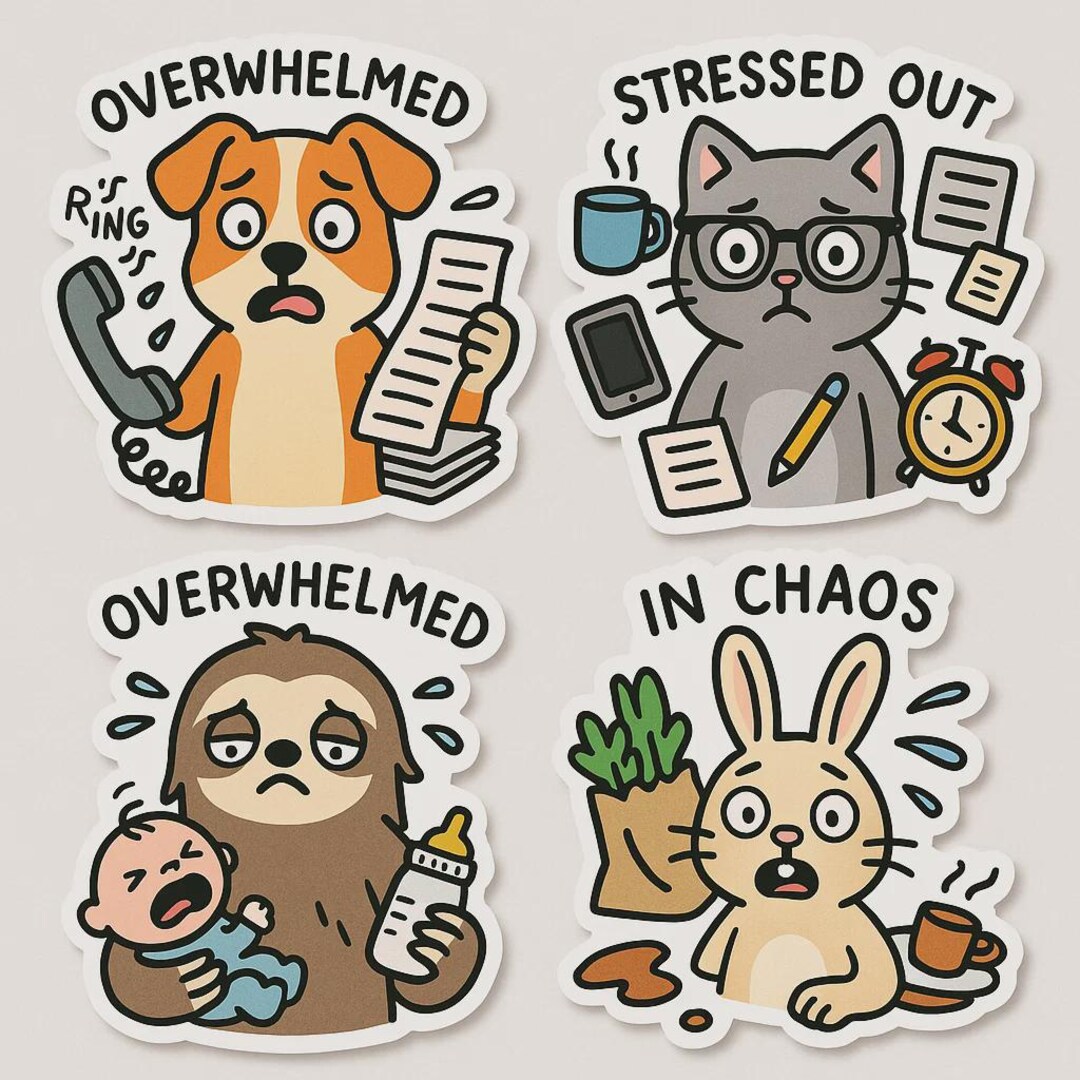 Animally Overwhelmed Sticker Set – 4 Funny Animals in Everyday Chaos ...