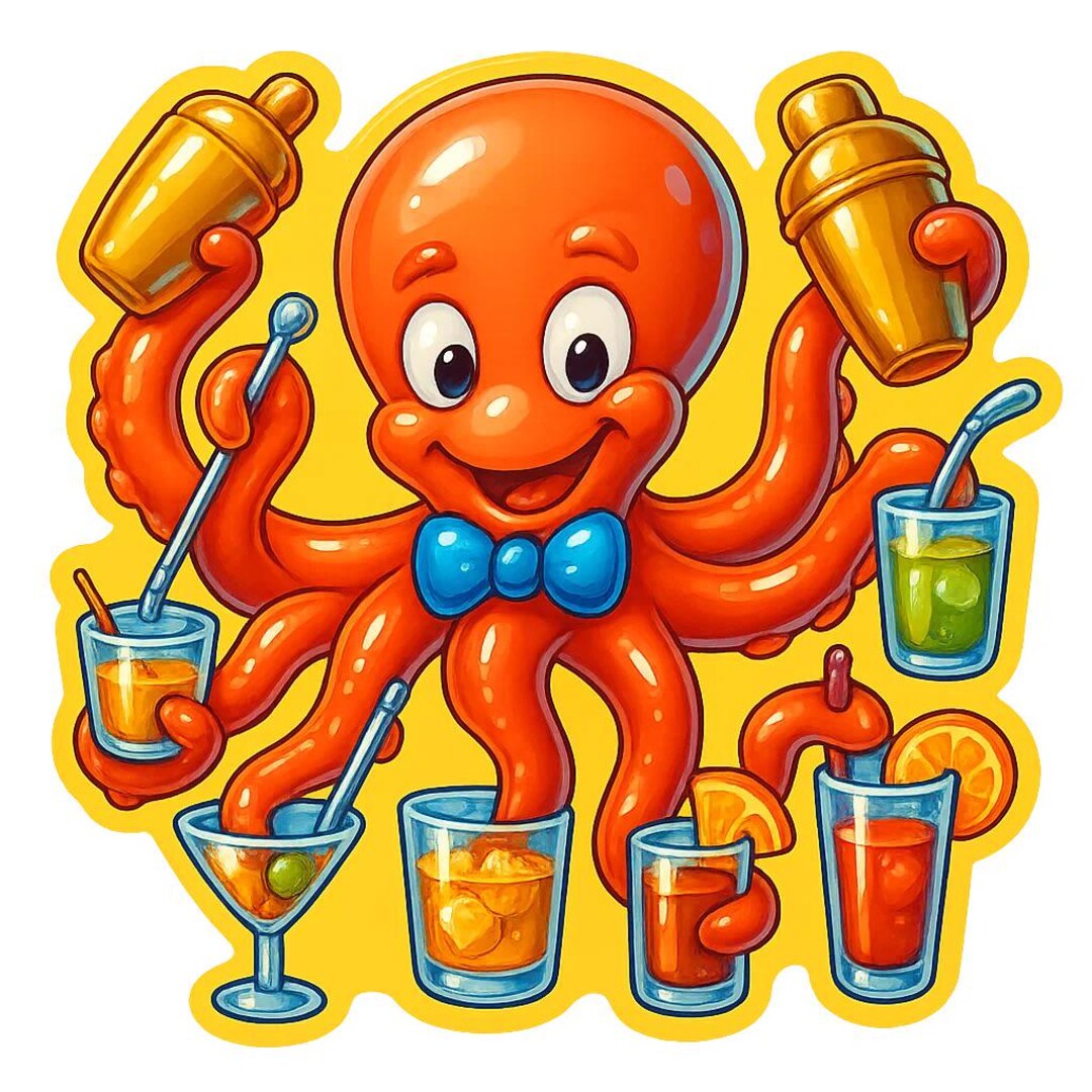 Octopus as a Bartender Mixes 8 Drinks – Funny Cartoon Sticker ...