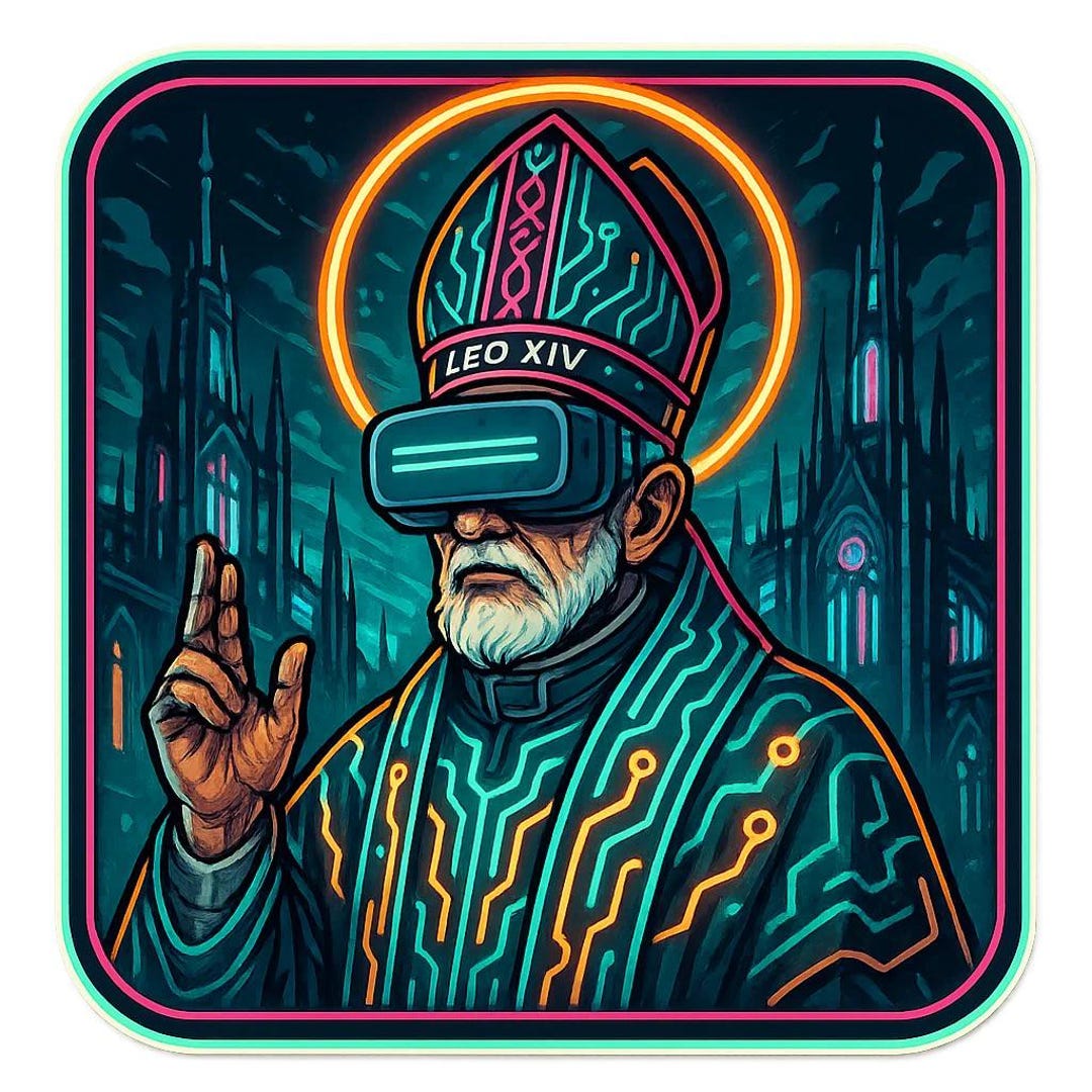 Cyberpunk Pope Leo XIV Sticker | Neon Halo, VR Glasses, and LED Robe ...