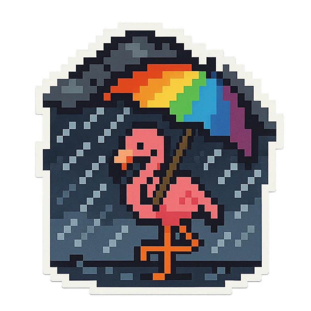 Flamingo With Rainbow Umbrella in a Storm – Funny Cartoon Sticker ...