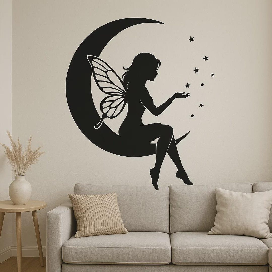 Elf Wall Decal – Moon and Full Moon Silhouette – Fantasy Wall Sticker ...