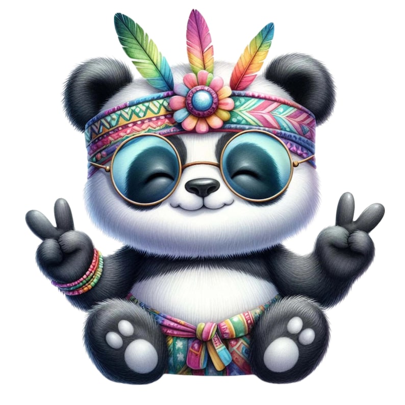Pegatina de panda hippie: un simpático panda con diadema de flores ...