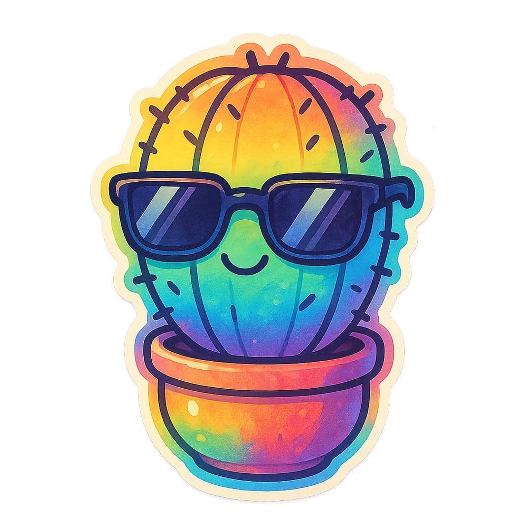 Kawaii Cactus Sticker | Rainbow Cactus With Sunglasses in Sora Style ...