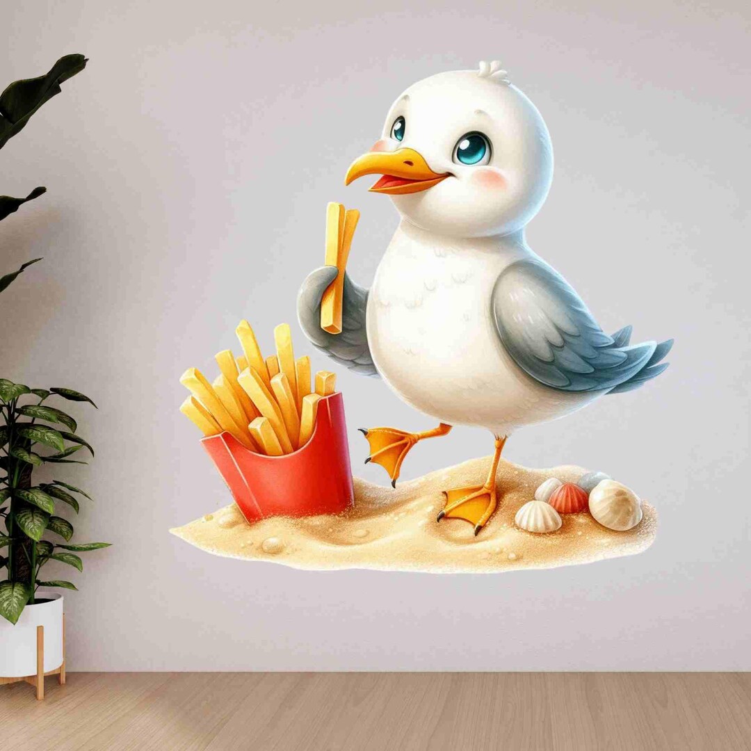 Funny Seagull With Fries Sticker, Cartoon Seagull Sticker, Beach Motif ...