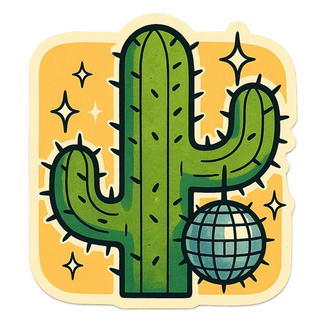 Cactus With Disco Ball on Its Spines – Funny Cartoon Sticker ...