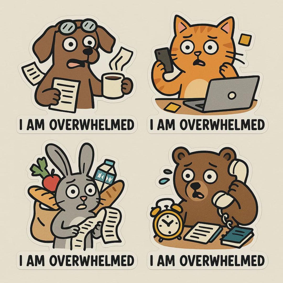 Animally Overwhelmed Sticker Set – 4 Funny Animals in Everyday Chaos ...