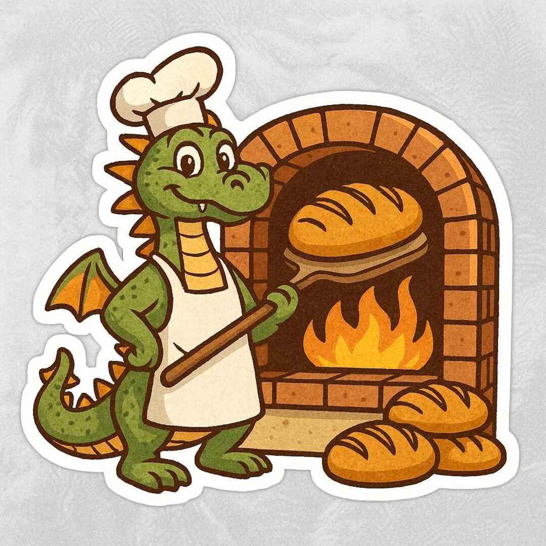 2X Dragon Baker Sticker – Funny Animal Motif Dragon With Giant Bread ...