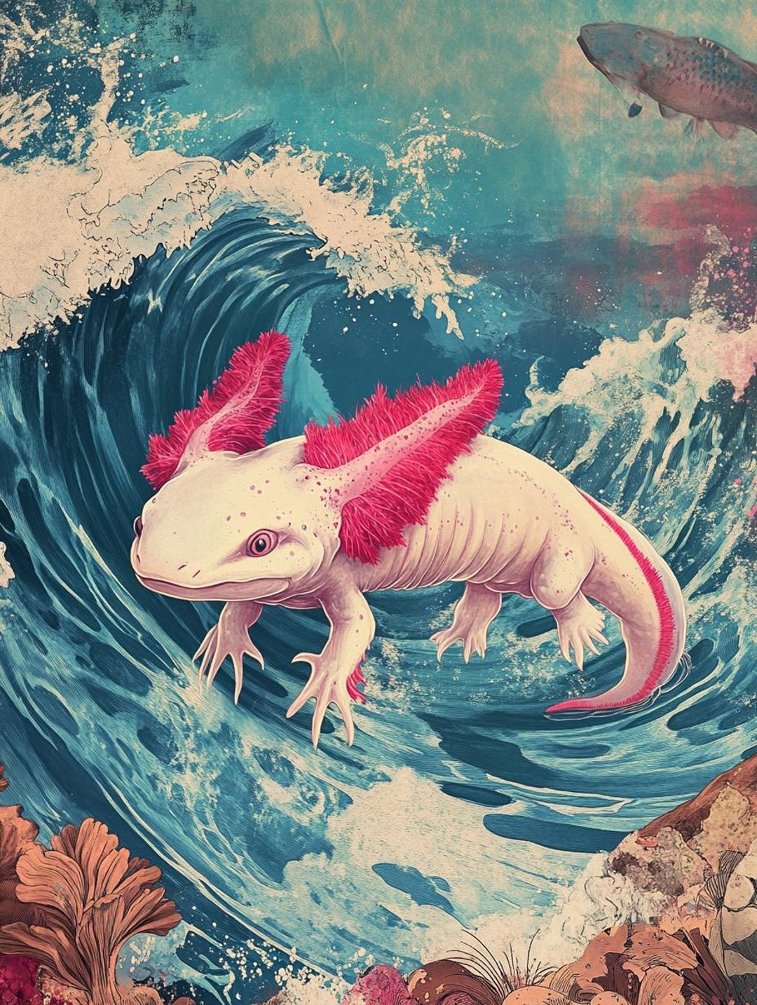 Axolotl in Wave Digital Poster Motif Wall Art, Modern Prints, Instant ...