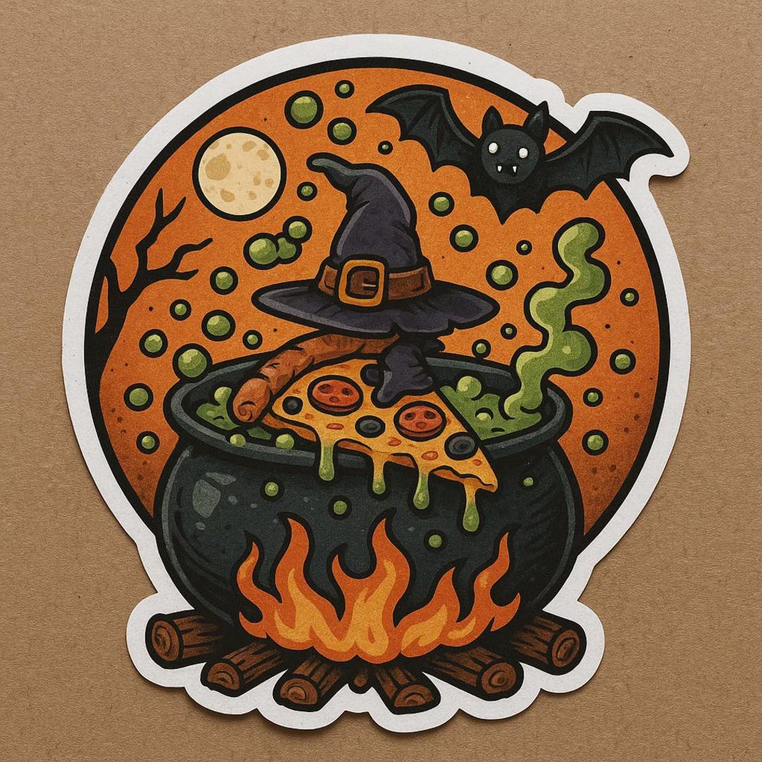 2x Witch's Cauldron Pizza Sticker – Funny Halloween Motif Cooks Pizza ...
