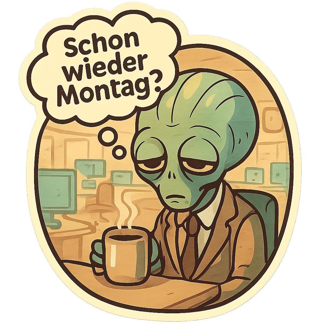 Tired Alien in the Office Sticker – Funny Sci-fi Sticker With Coffee ...