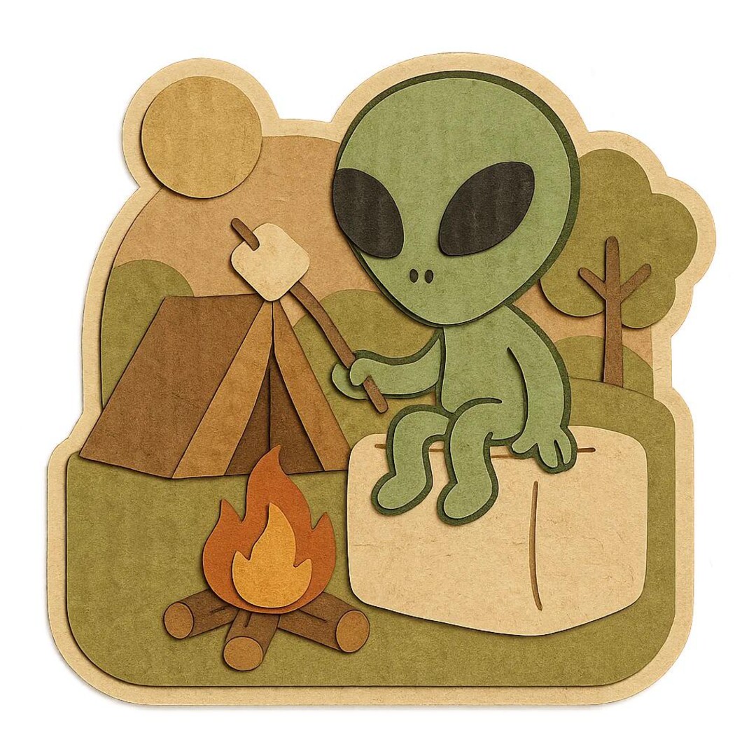 Alien Camping on a Marshmallow – Funny Cartoon Sticker – Weatherproof ...