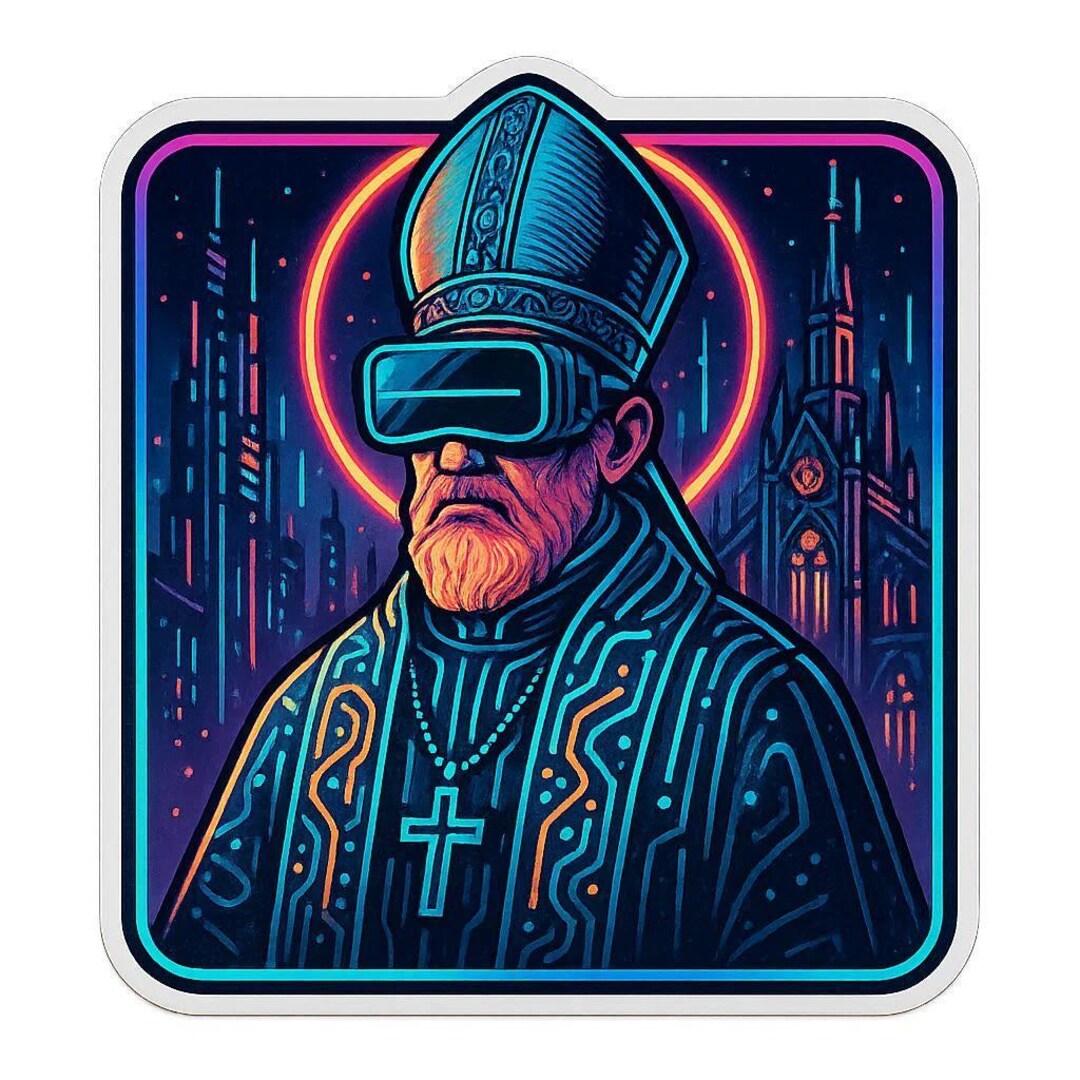 Cyberpunk Pope Leo XIV Sticker | Neon Halo, VR Glasses, and LED Robe ...