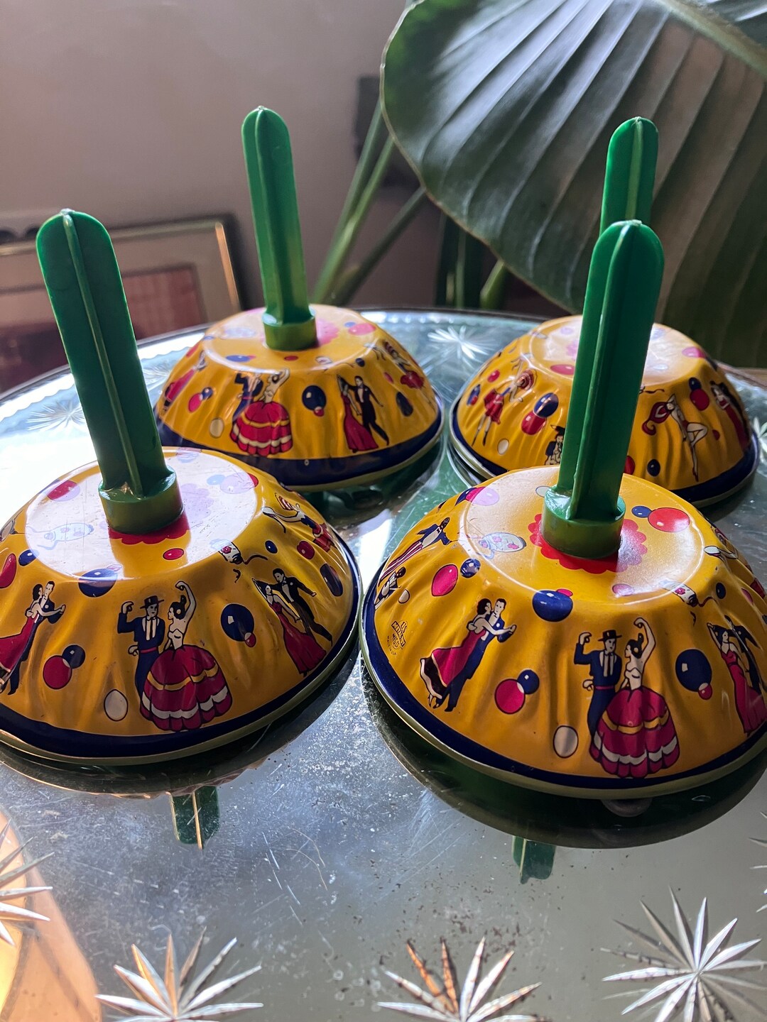 Festive Tin Metal Toy Noise Makers Vintage 1950s Yellow Green Dancers ...