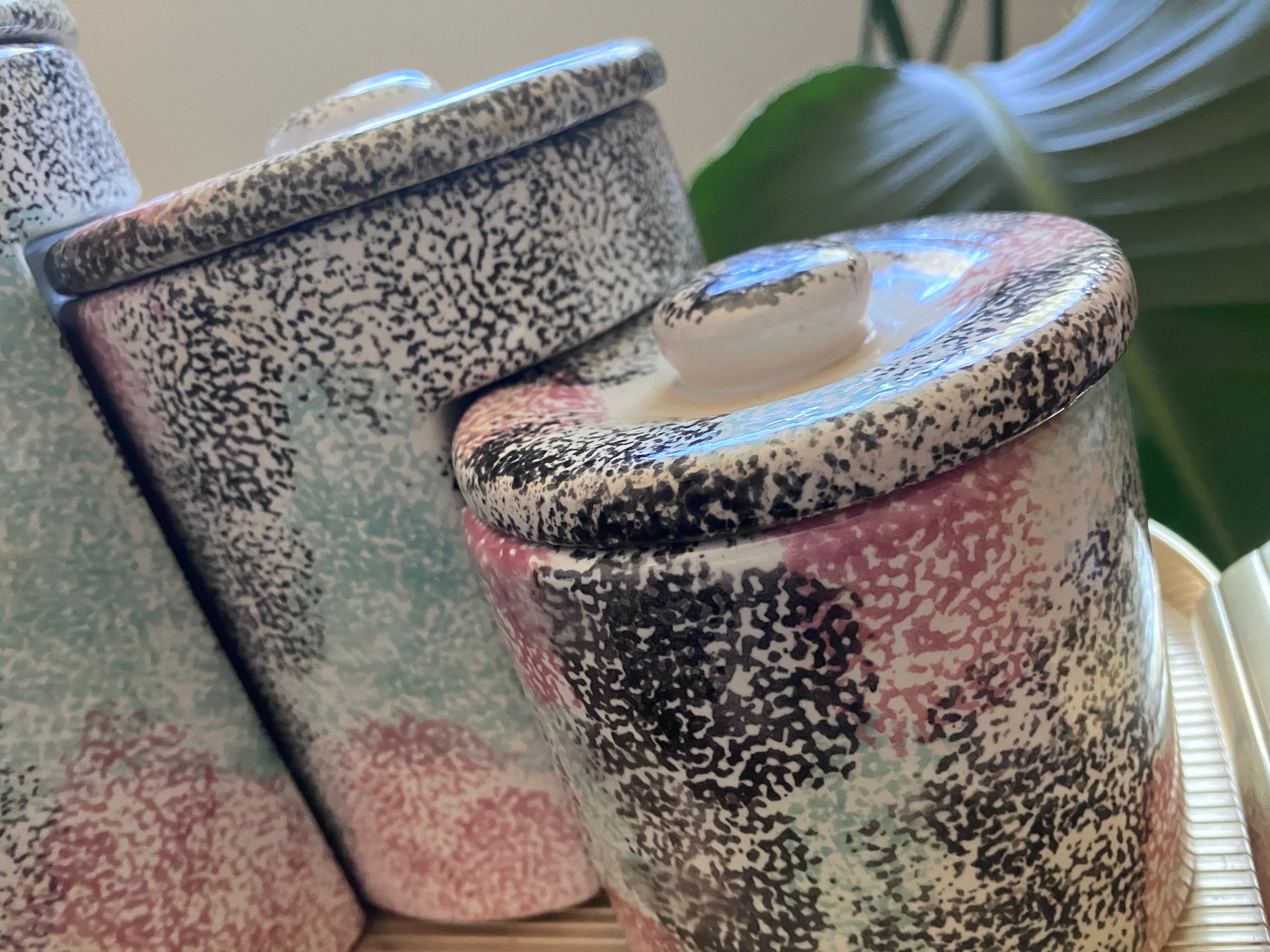 Speckled Stoneware Nesting Canister Set Vintage Guyrock Ceramic Sponged ...