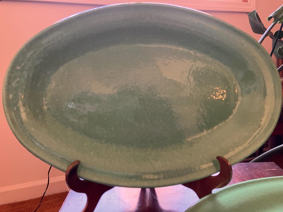 Vintage Green Oblong Metal Platter Jade Green Enamel-covered Metal Oval ...