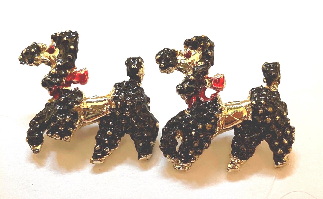 Vintage Poodle Pin Black Enamel Gold Toned Pair of Poodles Cute Costume ...