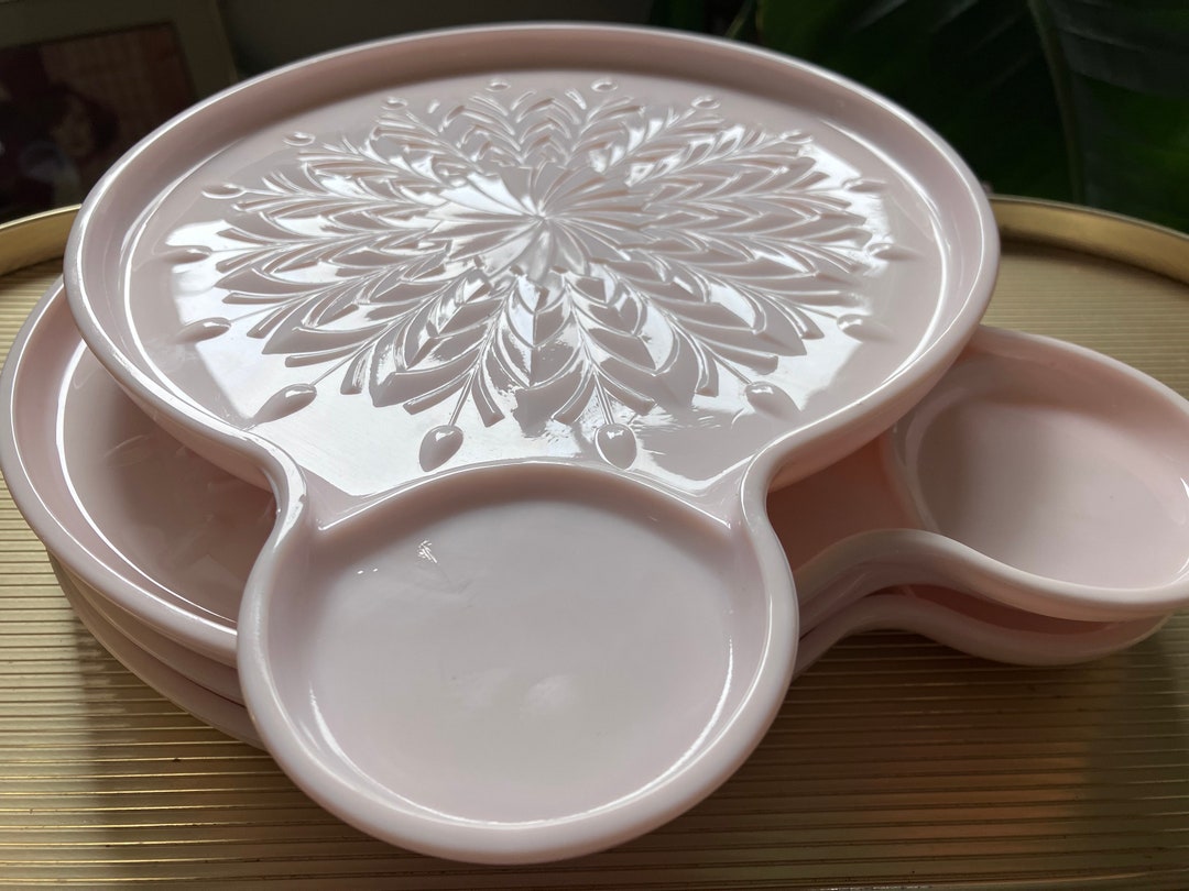Jeanette Pink Feather Shell Milk Glass Plates Pressed Glass Snack Trays ...