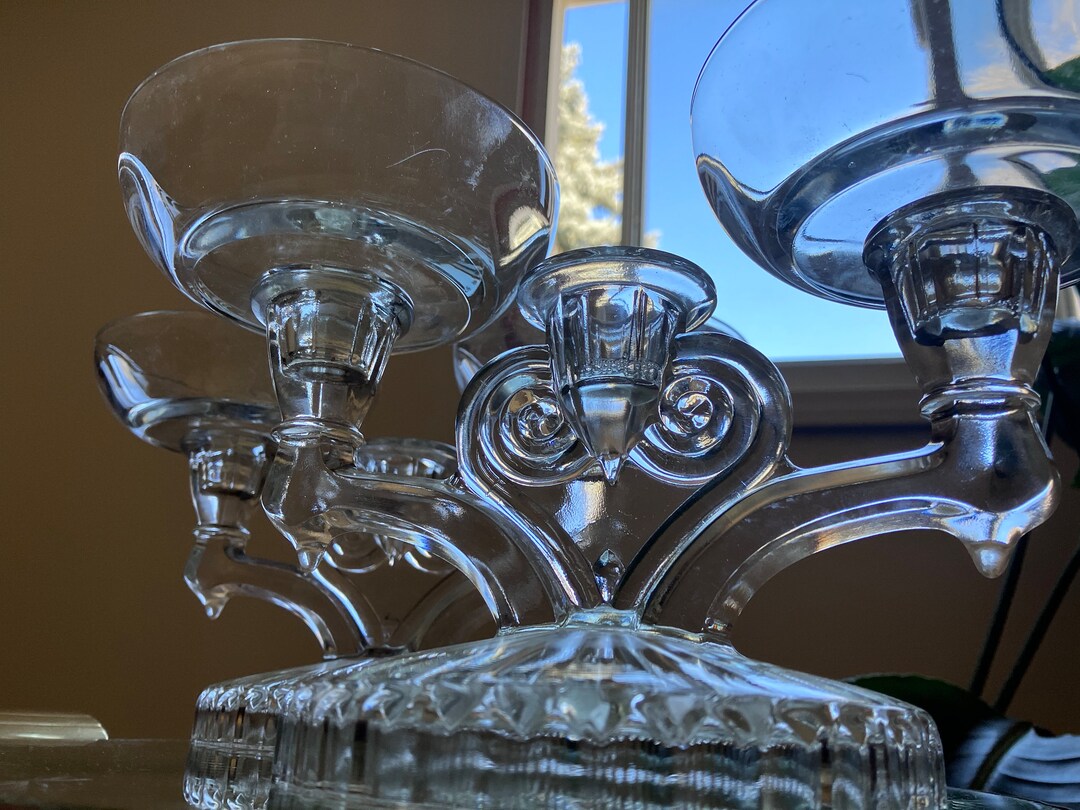 Vintage Jeanette Glass Cosmos Candelabra: Art Deco Triple Candle Holder ...