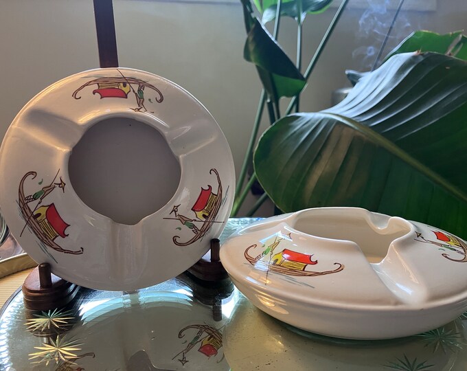 Vintage Ceramic Ashtray 1950s Asian Fisherman Houseboat Old-school ...