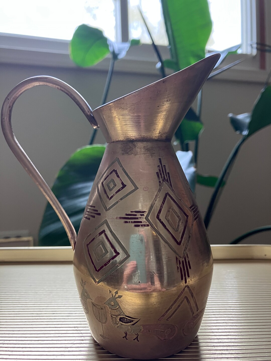 Vintage Etched Brass Pitcher Peacocks Diamonds Pattern Elegant Home ...