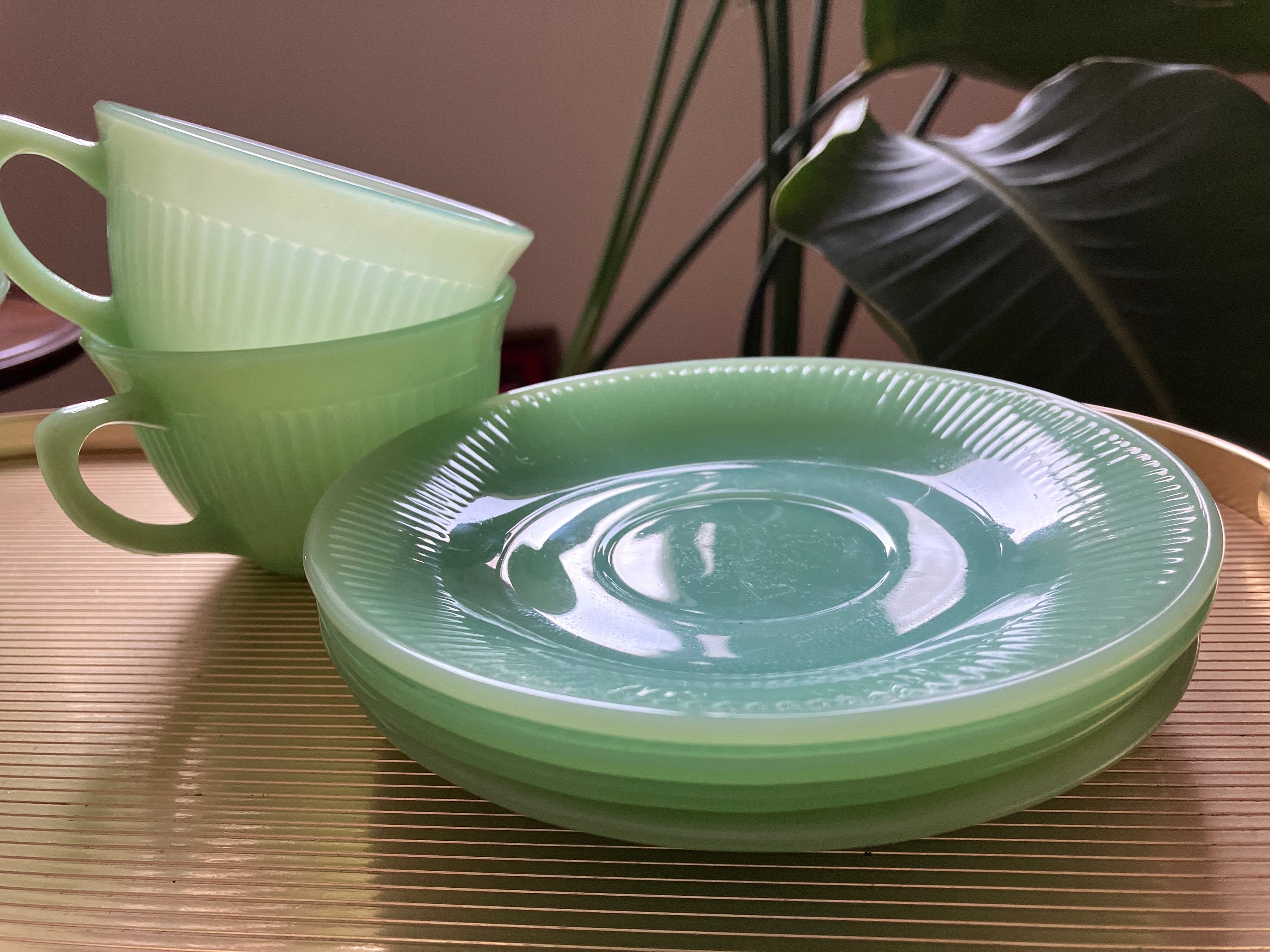 Vintage jane Ray Jadeite Anchor Hocking Fireking Oven Ware Ribbed Green ...