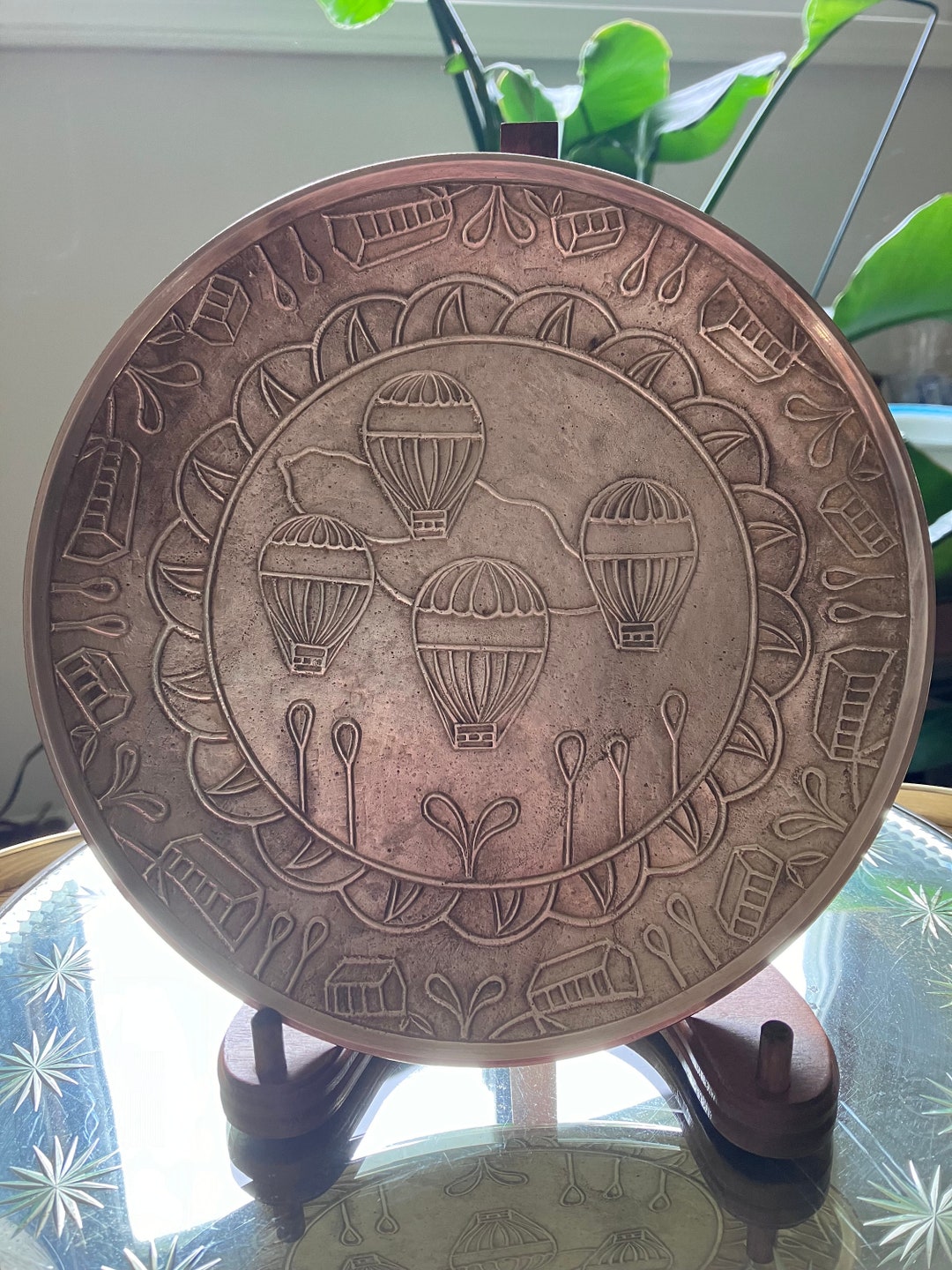Vintage Etched Brass Plate: Hot Air Balloons, Country Landscape Wall ...