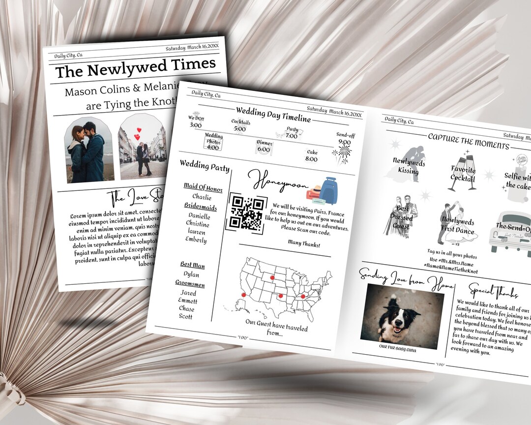 Folded Newspaper Wedding Program, Editable Wedding Infographic, Unique ...