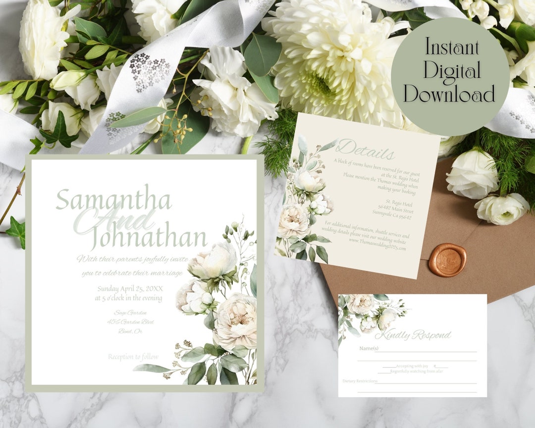 Floral With Sage Wedding Invitation Sage and Ivory Wedding - Etsy
