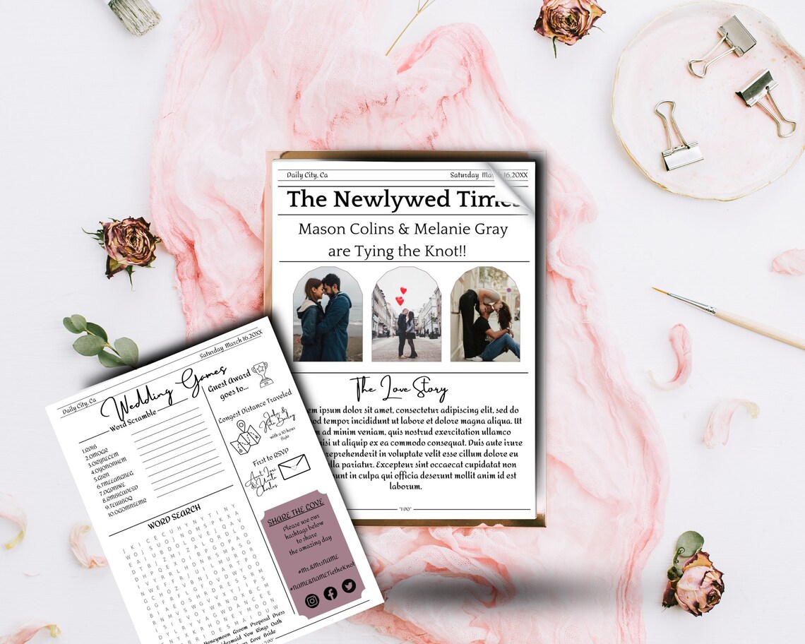 Folded Newspaper Wedding Program, Editable Wedding Infographic, Unique ...