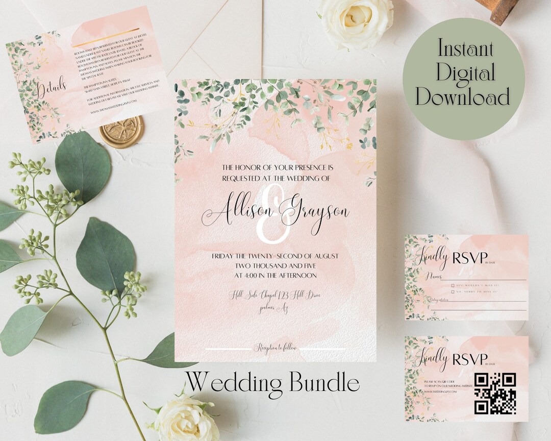 Blush With Greenery Wedding Invitation Templateblush - Etsy