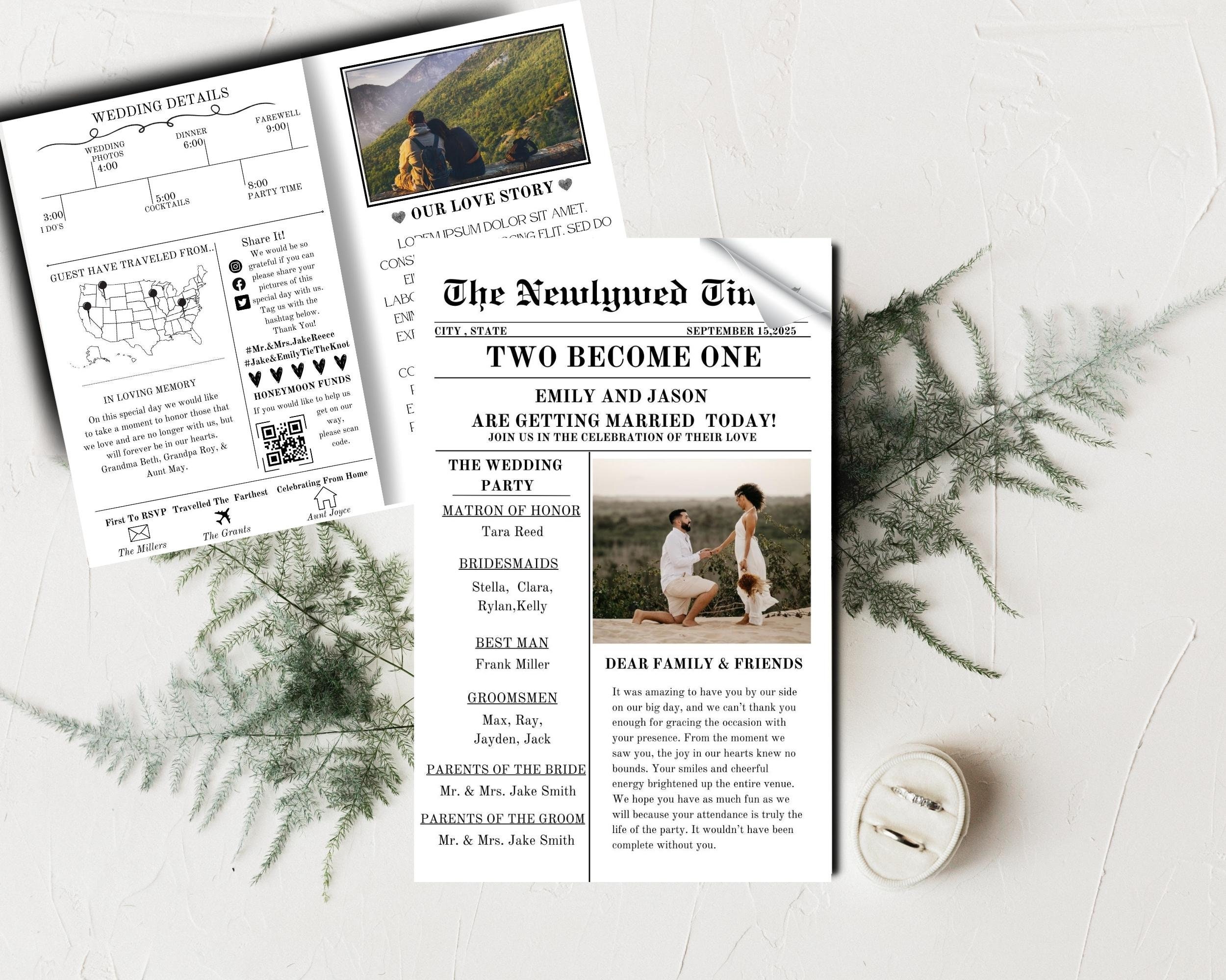Folded Newspaper Wedding Program, Editable Wedding Infographic, Unique ...