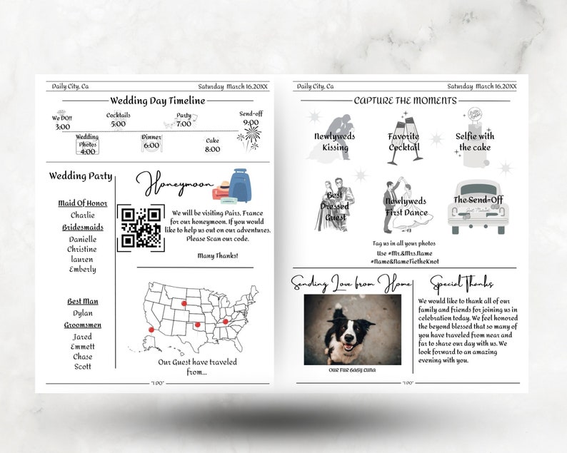 Folded Newspaper Wedding Program, Editable Wedding Infographic, Unique ...